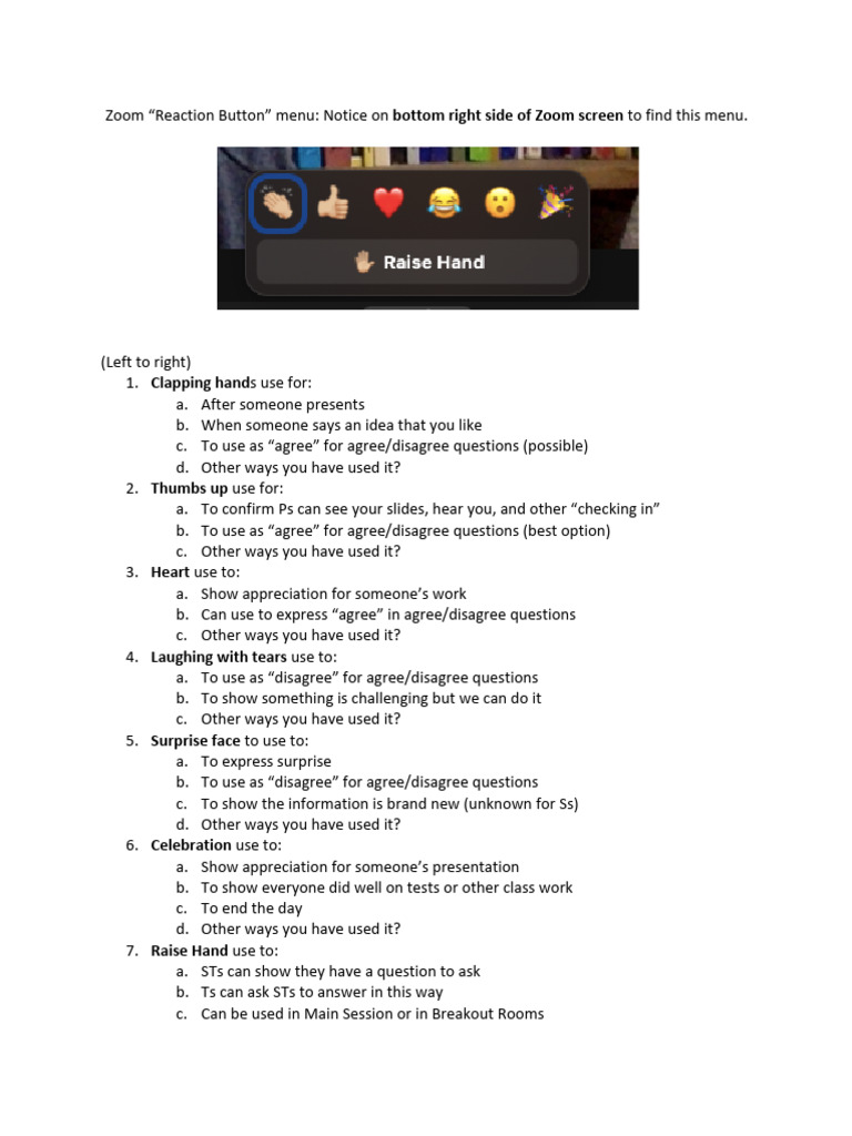 Zoom Reaction Button Menu and uses | PDF