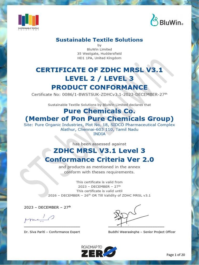 ZDHC Certification for Pure Chemicals | PDF | Textile Industry | Materials