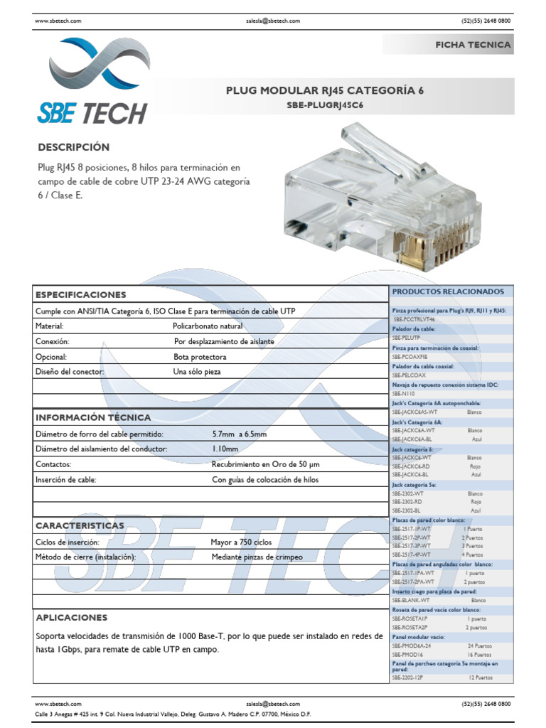 Plug RJ45 Categoría 6 para Redes UTP | PDF | Electricidad | Electrónica