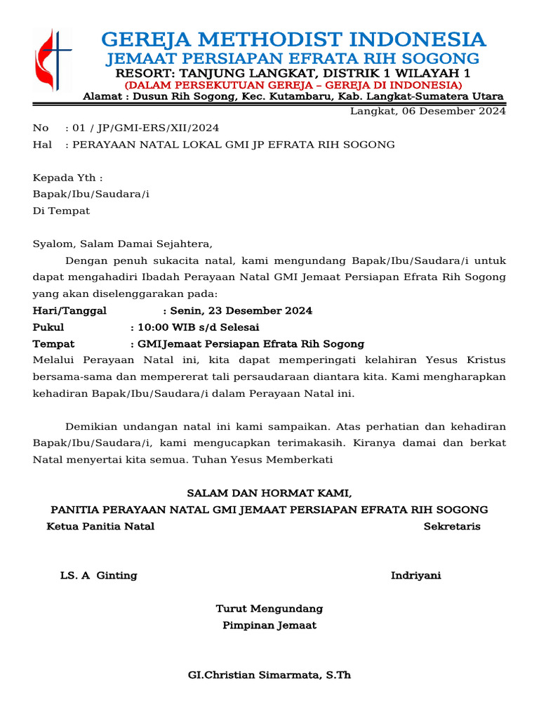 Surat Undangan Natal GMI Rih Sogong | PDF
