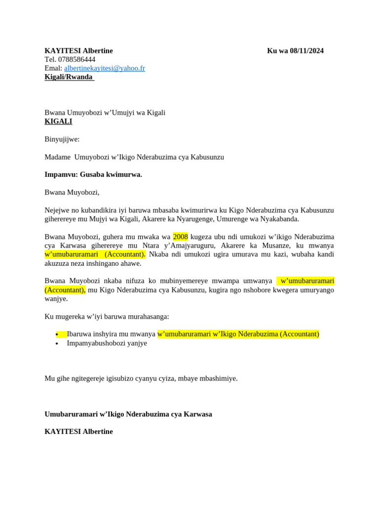 Letter KAYITESI Albertine | PDF