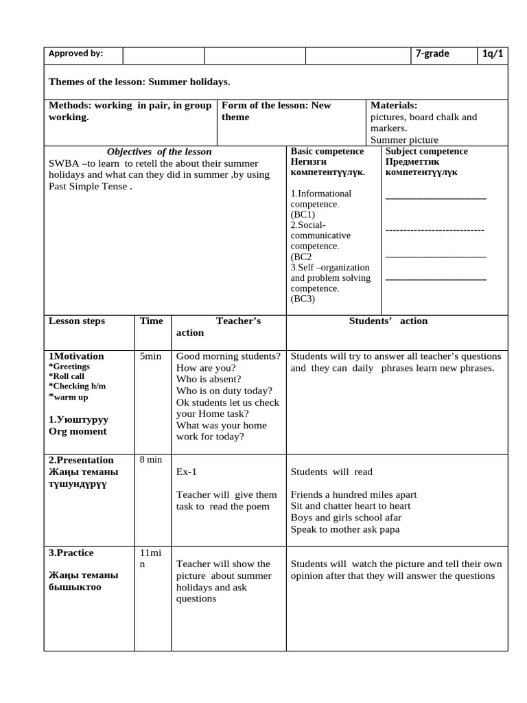 7th grade Lesson plan-1-1 | PDF | Adjective | Linguistics