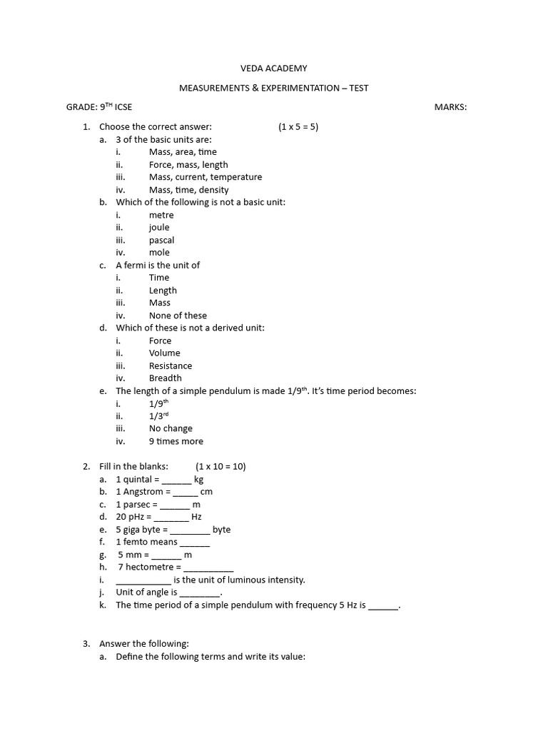 Measurements & Experimentation - Test | PDF | Pendulum | Length