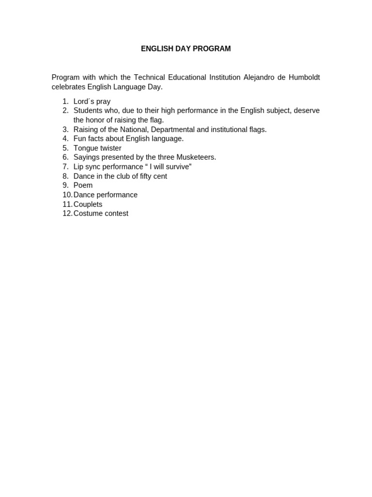 English Day Celebration Program | PDF