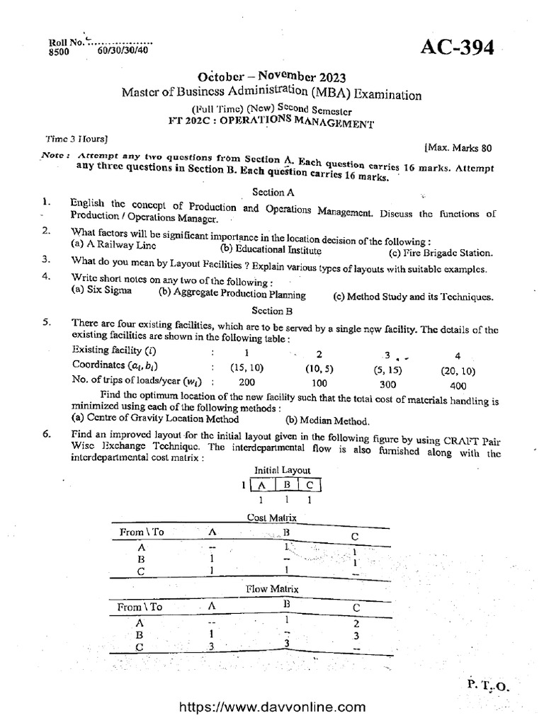 Mba 2 Sem Operation Management Ac 394 Nov 2023 | PDF