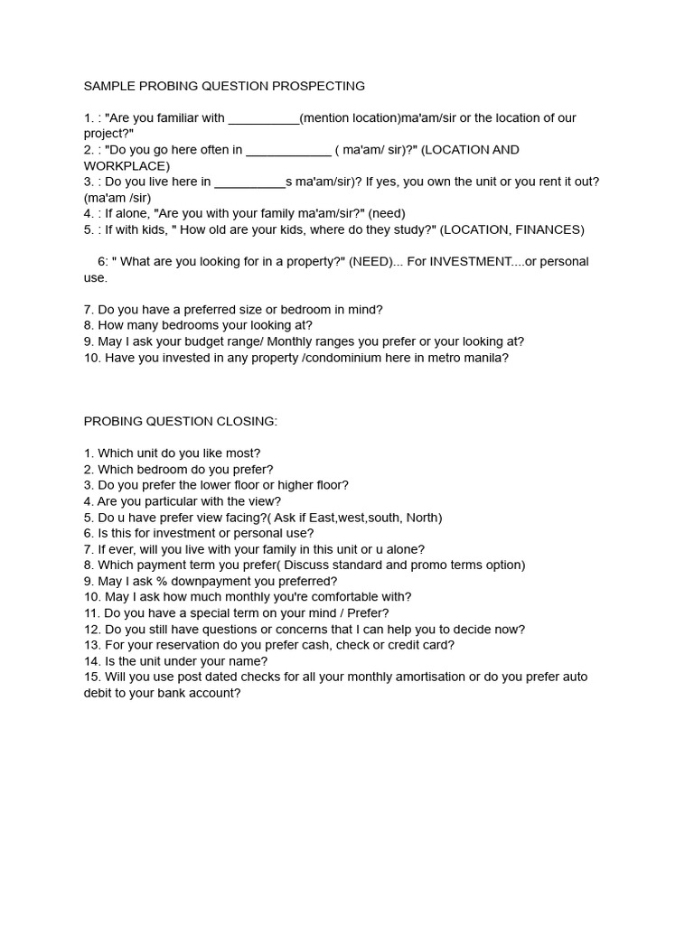 Probing Question Prospecting and Closing | PDF