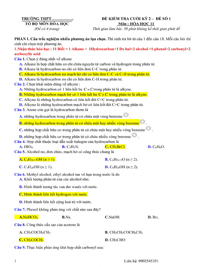 Đáp Án 4 Đề Ôn Hoá 11 hk2 2024 | PDF
