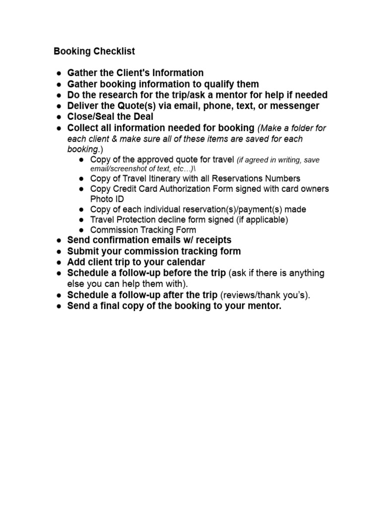 Booking Checklist | PDF