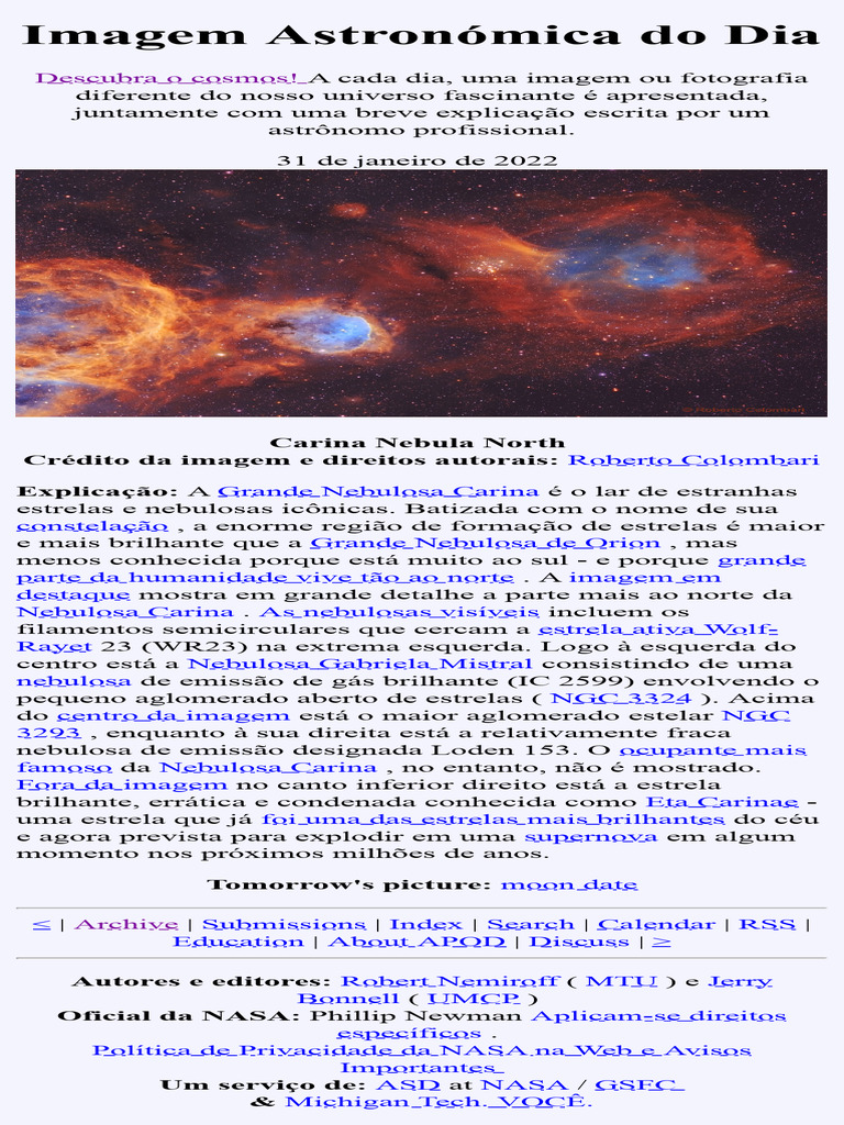 APOD 2022 31 de Janeiro - Nebulosa Carina Norte | PDF