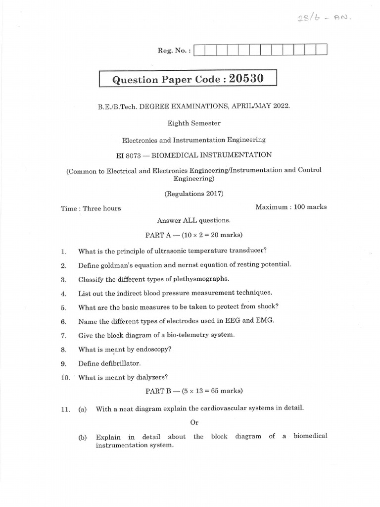 EI8073 - Biomedical Instrumentation - R2017 - 2022 June | PDF