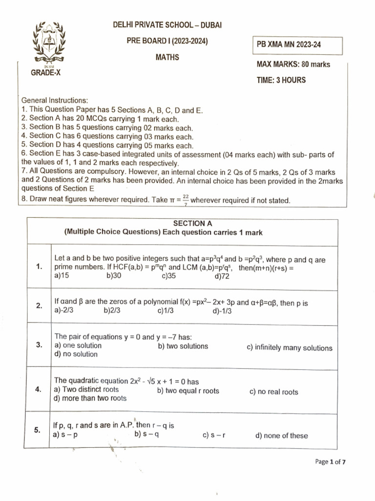Math Pre Board | PDF