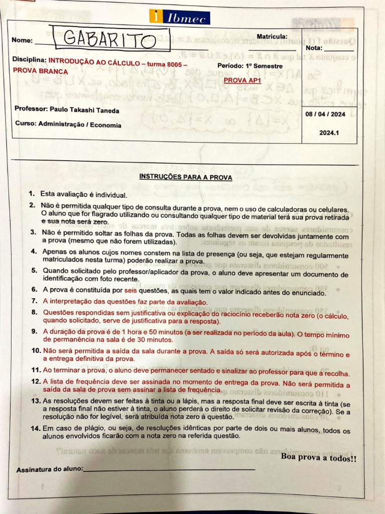Introdu o Ao C Lculo - Turma 8005 - Gabarito AP1 Branca | PDF