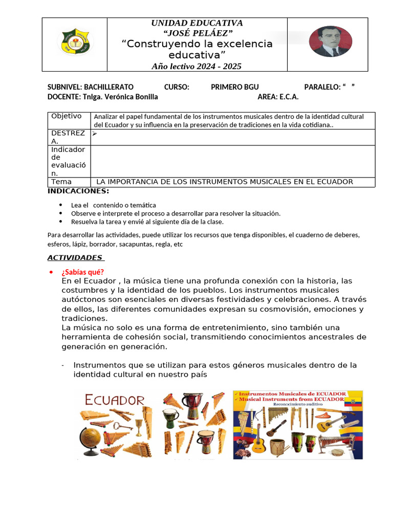 FICHA PEDAGÓGICA ECA para 1ro BGU-VERONICA B | PDF | Instrumentos musicales | Producción musical