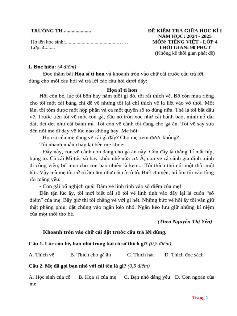 De Thi Giua HK1 Tieng Viet 4 CD Nam 23 24 | PDF