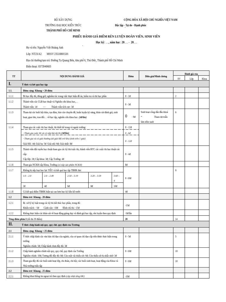 PHIEU DIEM REN LUYEN | PDF