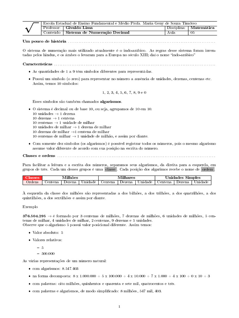 Sistema de Numeração Decimal: Aula 5 | PDF | Decimal | Notação