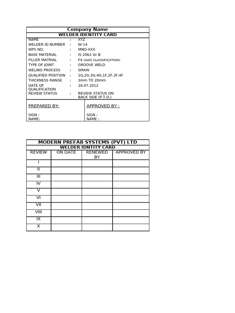 Welder Id Sample | PDF
