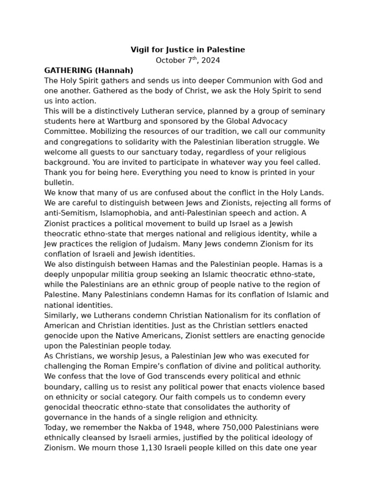 Vigil For Justice in Palestine Presider Guide | PDF | Zionism ...