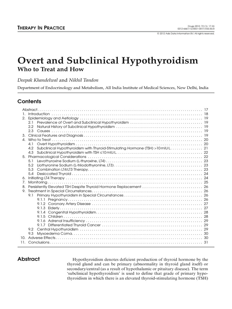 Overt and Subclinical Hypothyroidism - Who To Treat and How 2012 | PDF ...