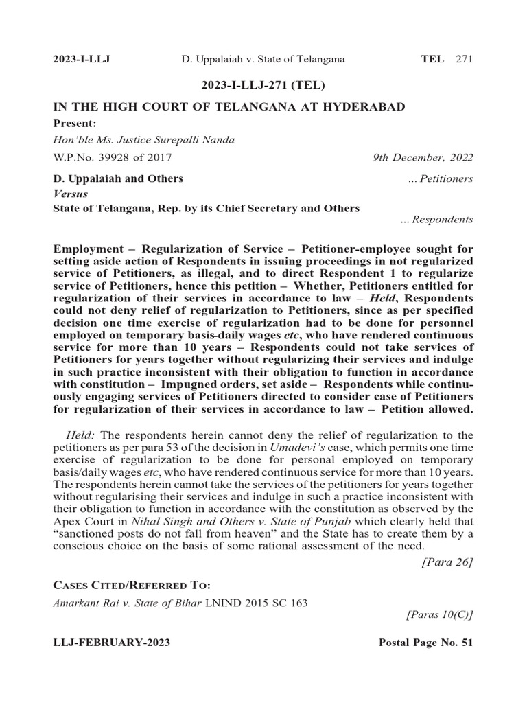 D. Uppalaiah and Others Versus State of Telangana, Rep. by Its Chief ...