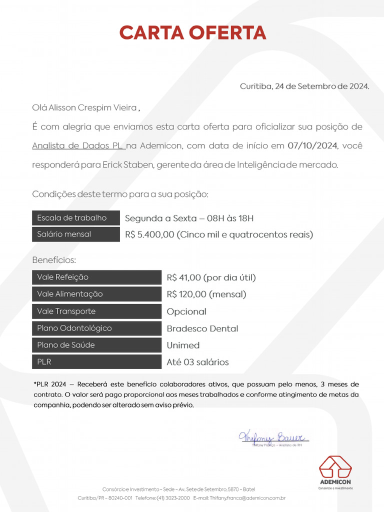 CARTA OFERTA - ALISSON | PDF