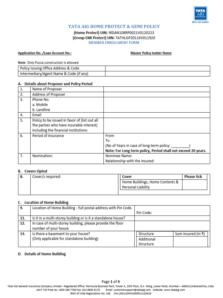 Tata AIG Home Protect - Proposal Form | PDF | Insurance | Business Law