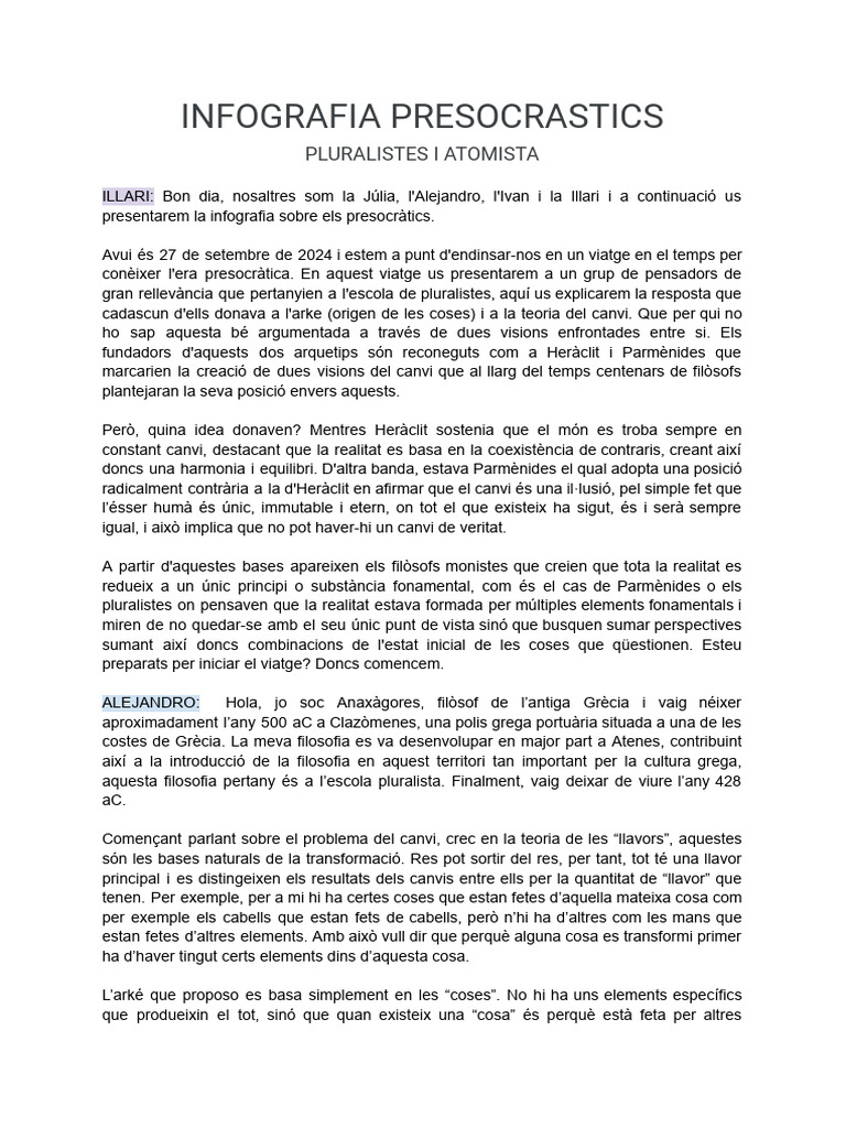 INFOGRAFIA PRESOCRATICS (Pluralistes I Atomistes) | PDF