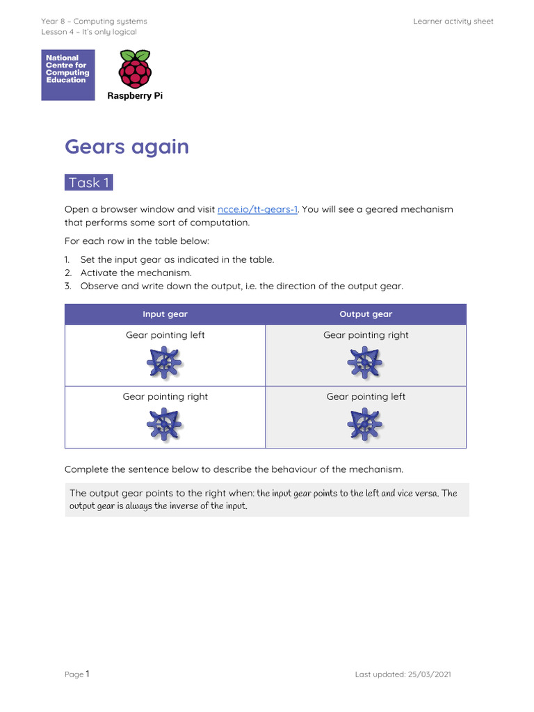 Year 8 Computing: Logical Gears Activity | PDF | Computing | Computer ...