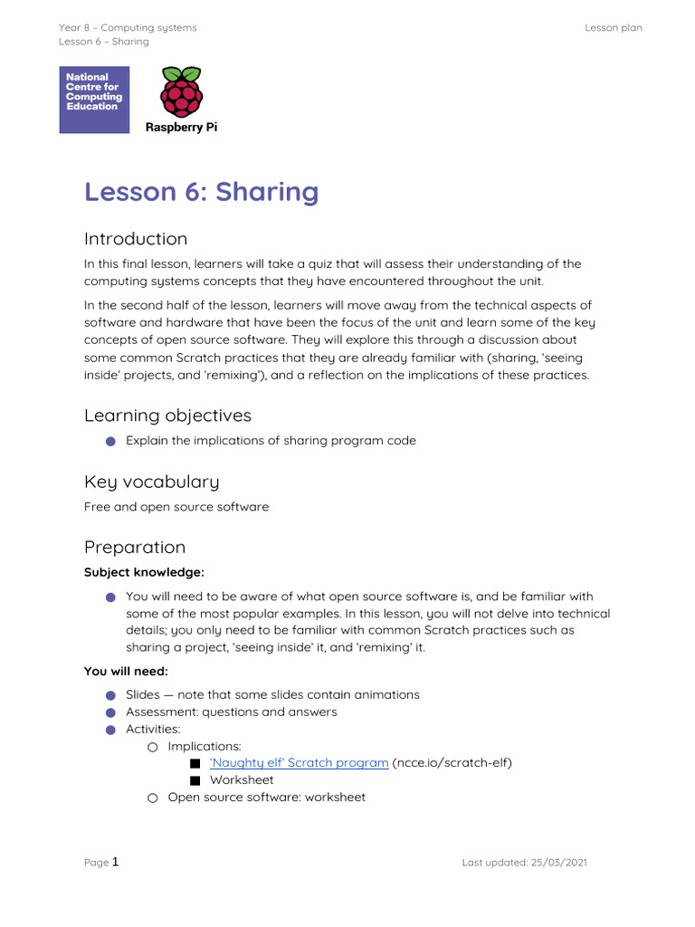 L6 Lesson Plan - Computing Systems - Y8 | PDF | Open Source | Scratch (Programming Language)