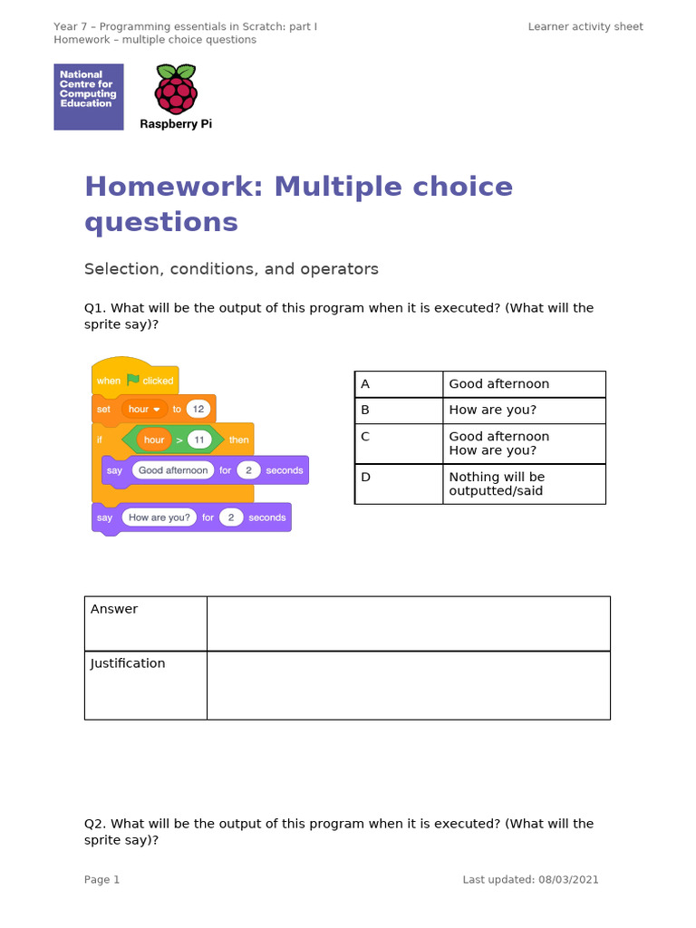 L5 Homework - Programming Essentials in Scratch - Part I - Y7 | PDF