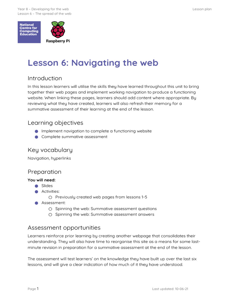 L6 Lesson Plan - Navigating The Web | PDF | World Wide Web | Internet & Web