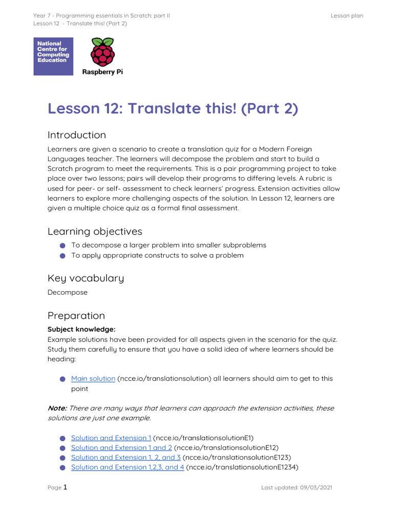 L12 Lesson plan – Programming essentials in Scratch_ part II – Y7 | PDF | Lesson Plan ...
