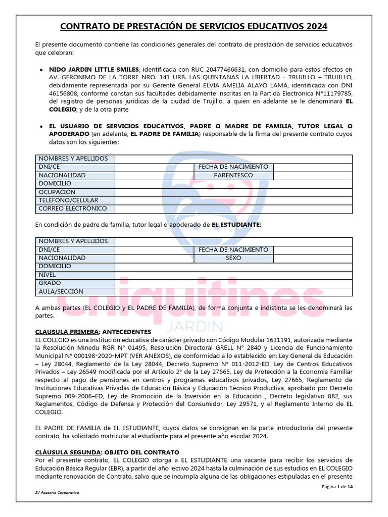 Contrato Prestación de Servicios Educativos 2024 - Chiquitines - Padres ...