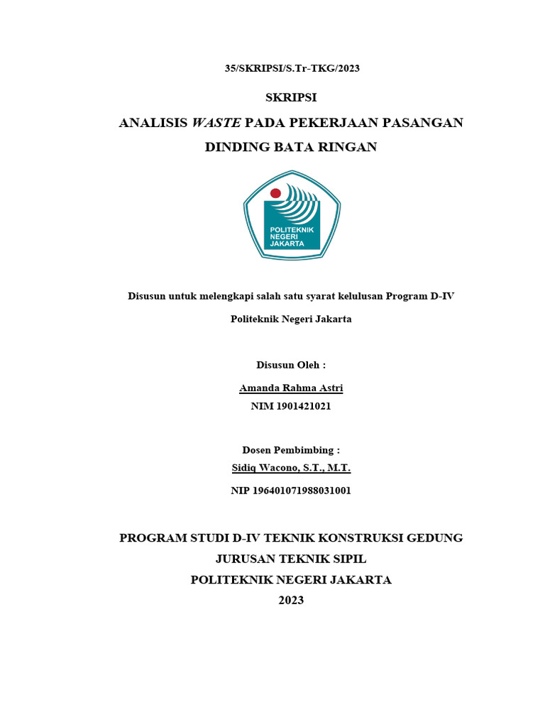 Skripsi Analisa Wate Pada Pekerjaan Pasangan Dinding Bata Ringan | PDF