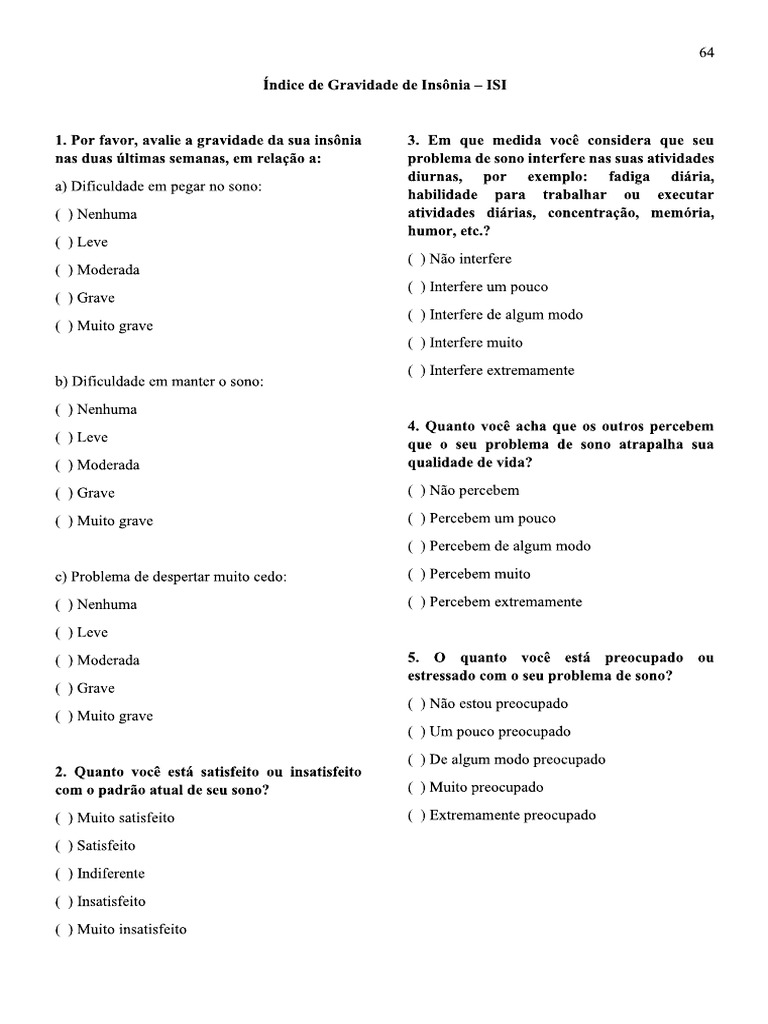 Ã ndice de Gravidade de InsÃ´nia â ISI | PDF