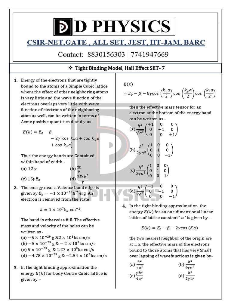 Tight Binding Model, Hall Effect SET- 07 | PDF | Electron | Electronic ...