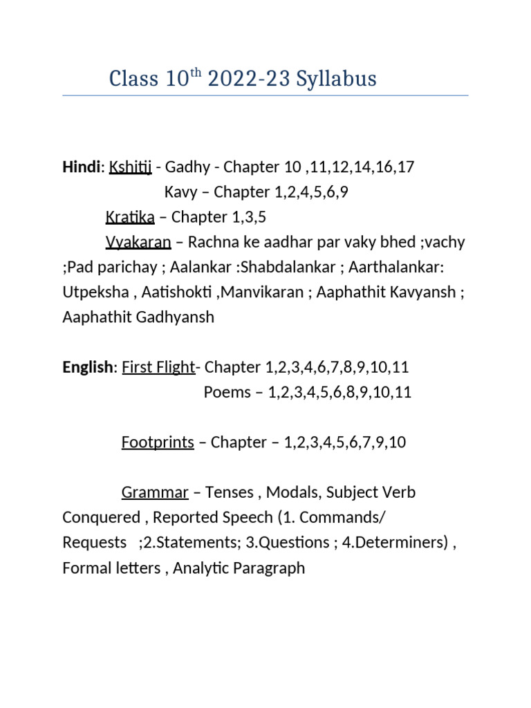 Class 10th 2022 - 23 Syllabus (Incomplete) | PDF