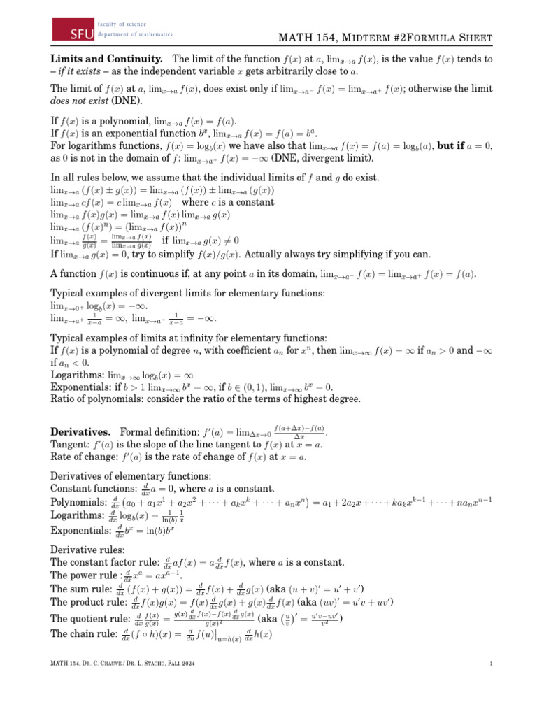 MATH154 Mid2 Formula Sheet | PDF | Derivative | Algebra