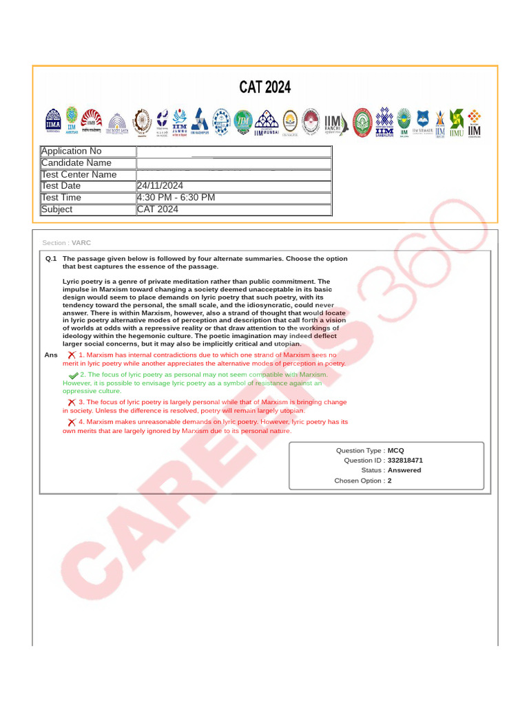CAT 2024 Slot 3 Answer Key | PDF | Mars | Synapse