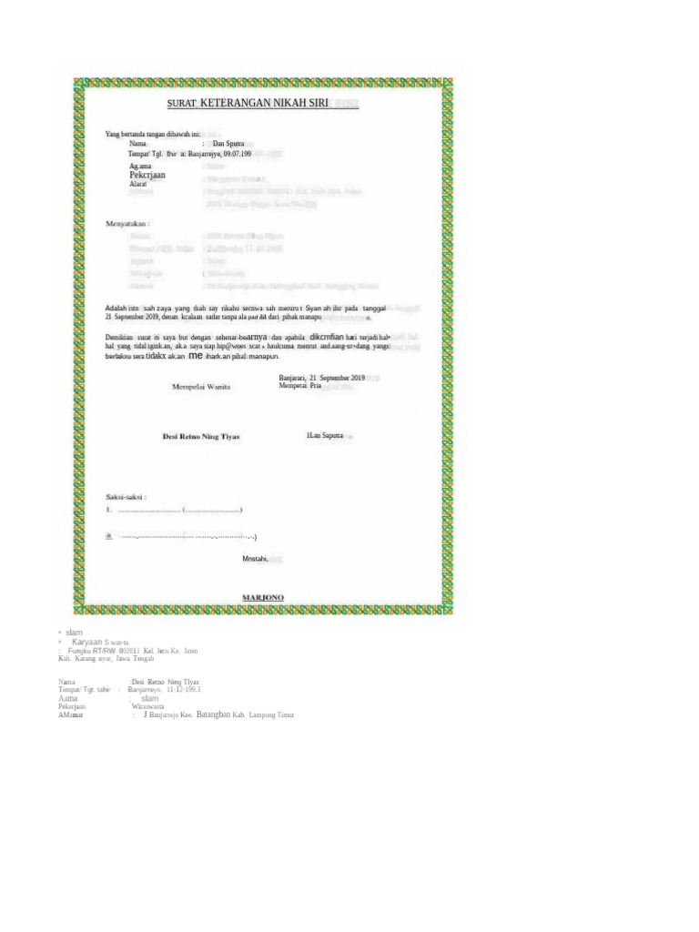 Surat Keterangan Nikah Siri 2019 | PDF