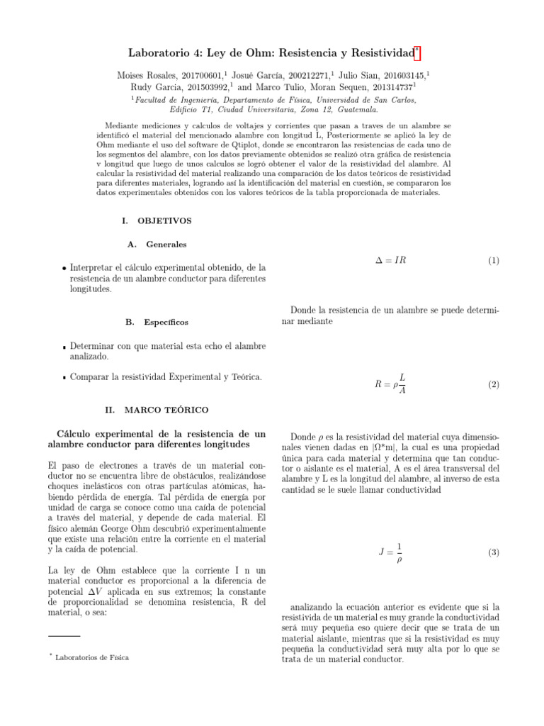 Reporte P4 LP | PDF | Resistencia Eléctrica y Conductancia | Resistividad Eléctrica y Conductividad