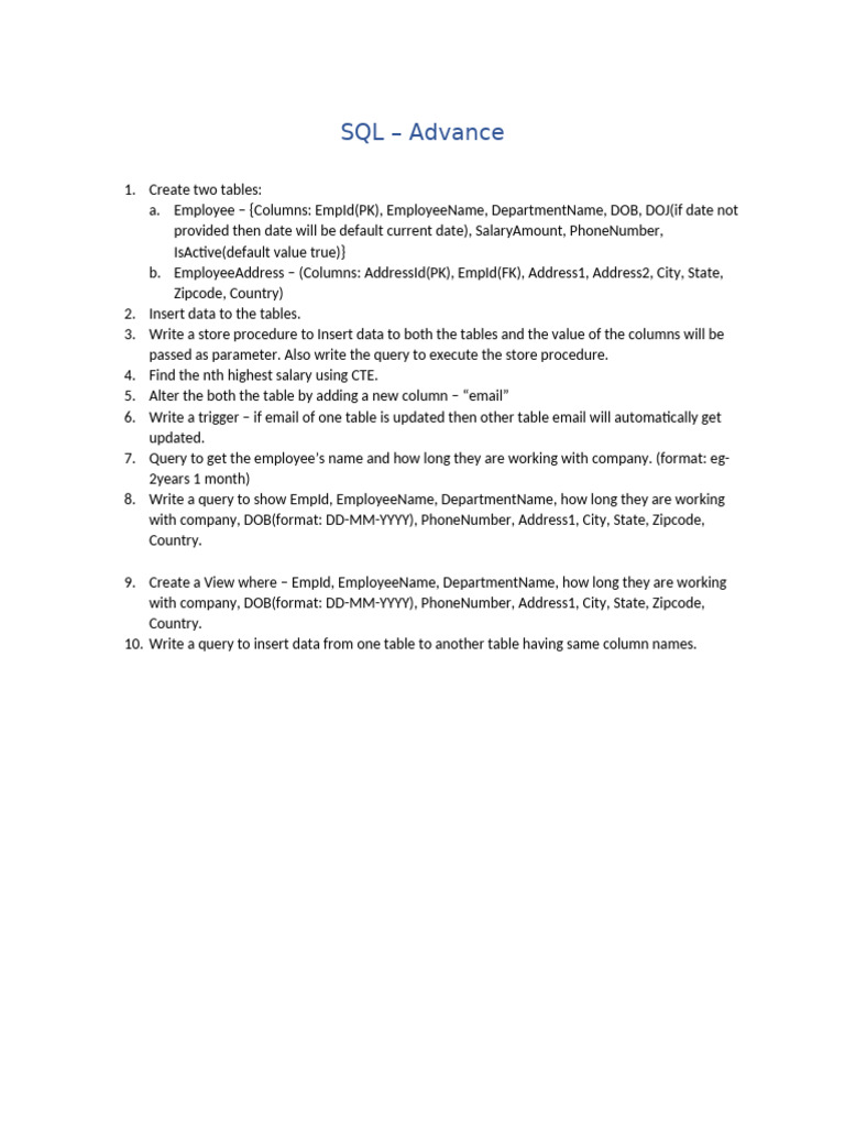 Sql Questions For Advance Pdf