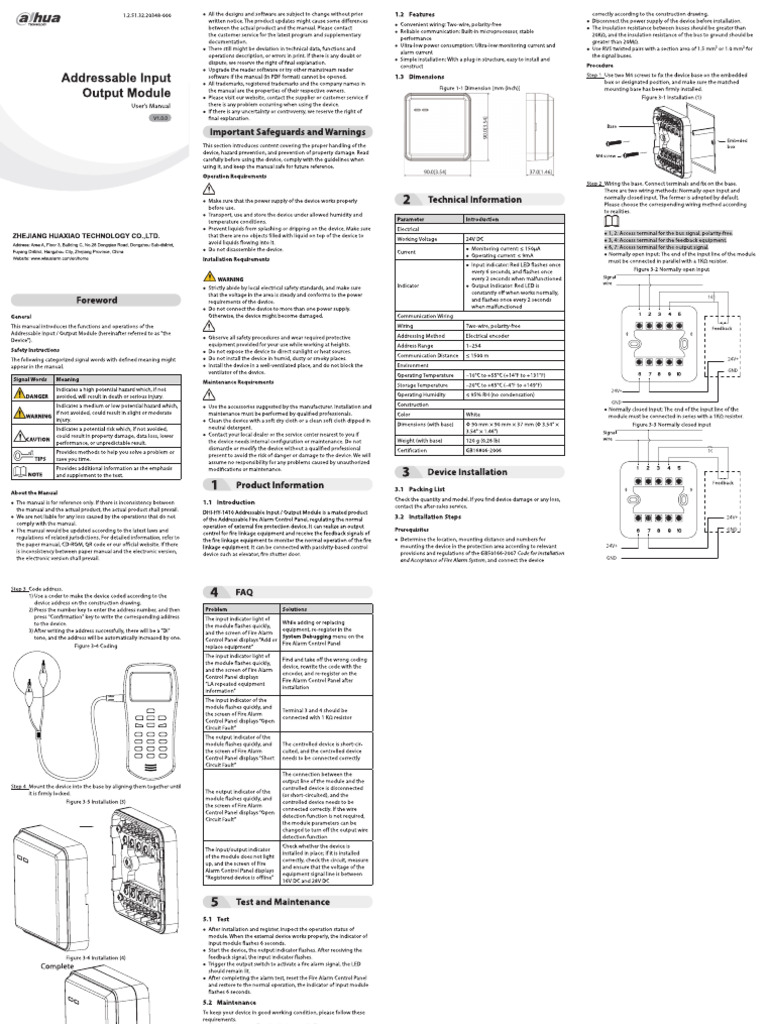 User S Manual Addressable InputOutput Module (DHI-HY-1410) | PDF