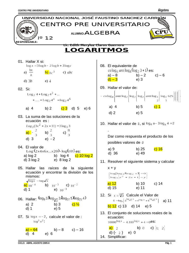 Guia #12 Logaritmos | PDF | Ecuaciones | Logaritmo