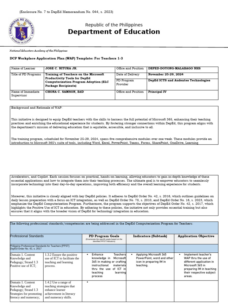 Workplace Application Plan (WAP)- DCP For Teachers I-III | PDF ...