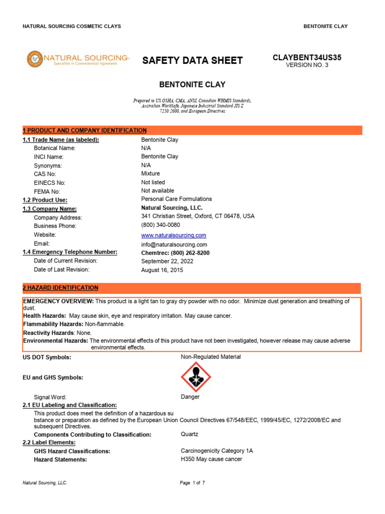 Sds Bentonite Clay Claybent34us35 | PDF | Working Conditions | Safety