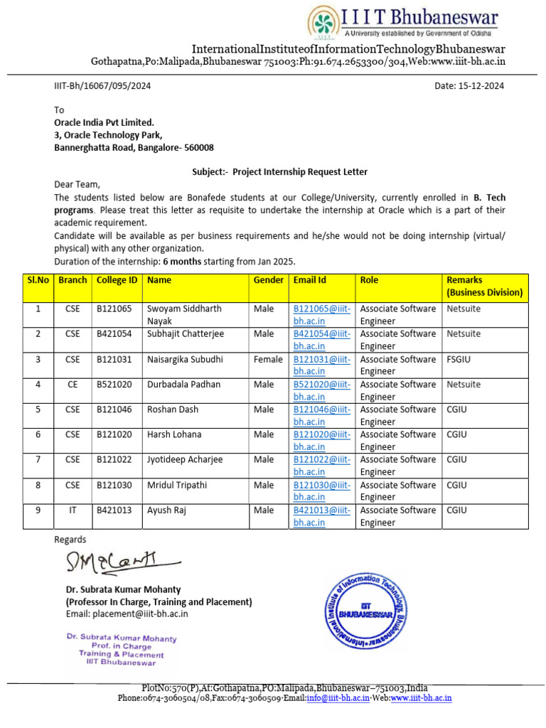 Project Request Letter - IIIT Bhubaneswar | PDF | Oracle Corporation