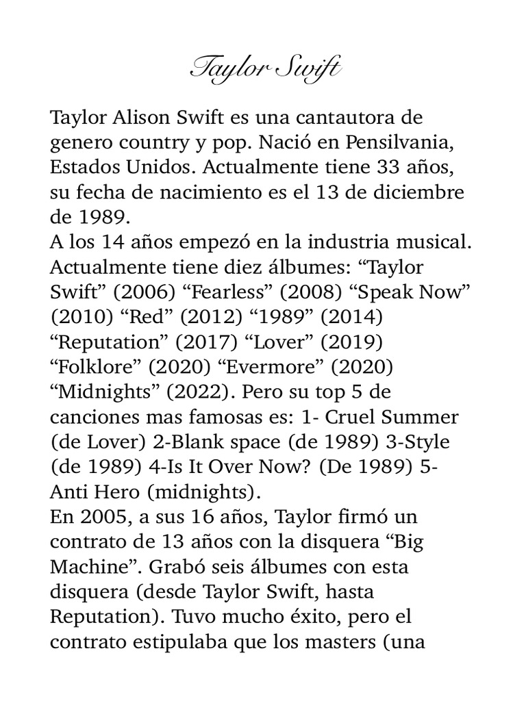 Historia de Taylor Swift y sus regrabaciones | PDF | Taylor Swift ...
