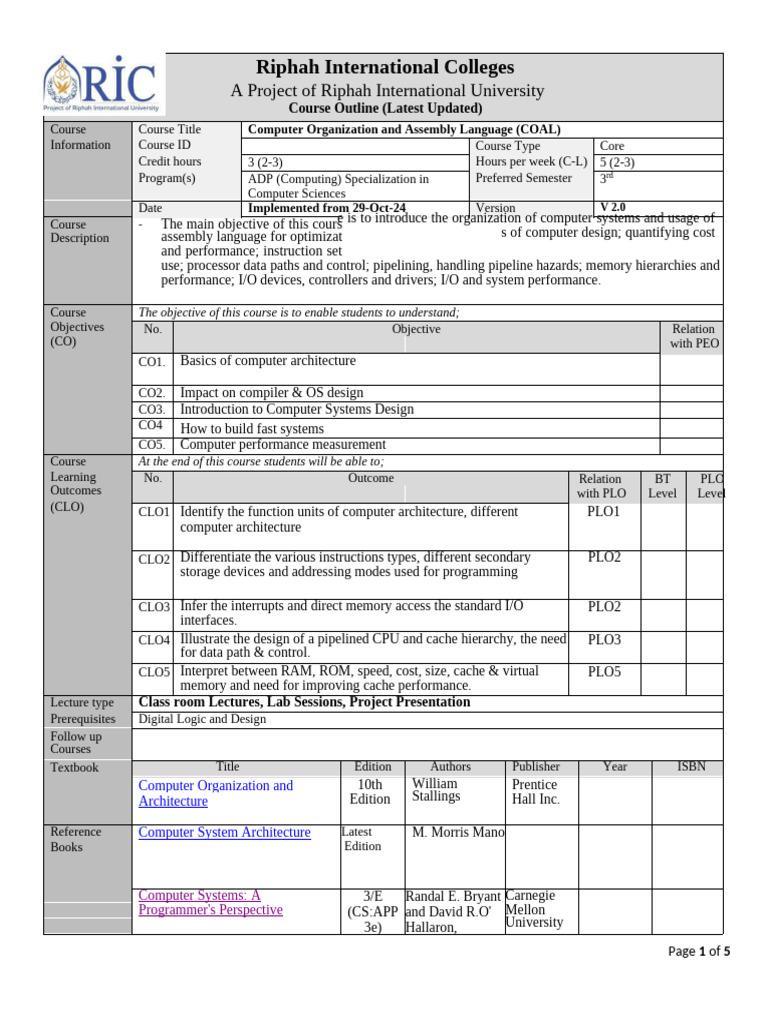 2nd Outline CS-III Computer Organization and Assembly Language V2 ... 2nd Outline CS-III Computer Organization and Assembly Language V2 ...