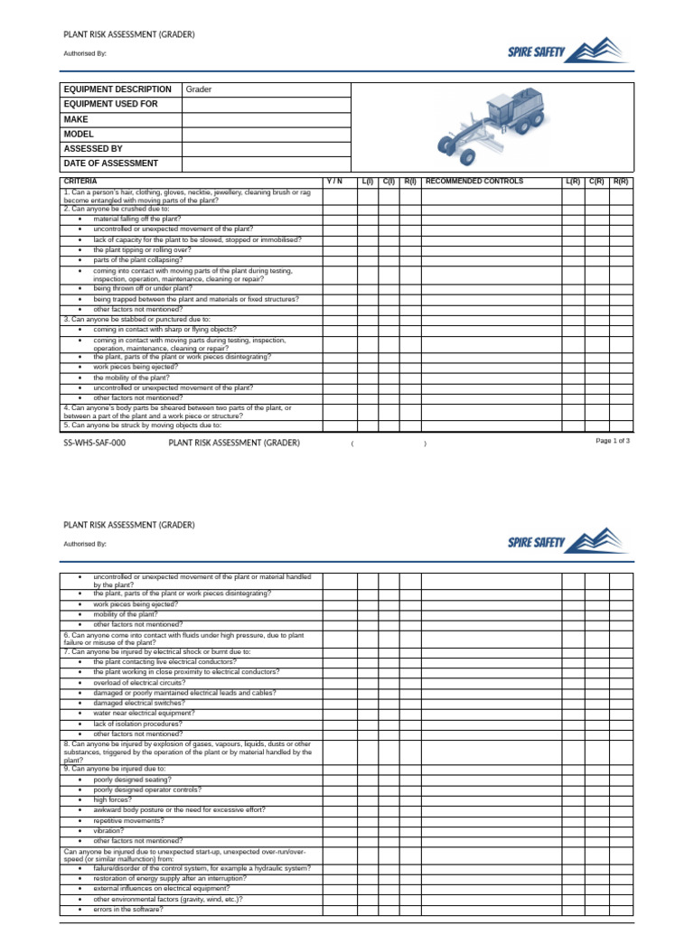 SS WHS SA5F 000 Plant Risk Assessment Grader 1 | PDF | Risk | Safety